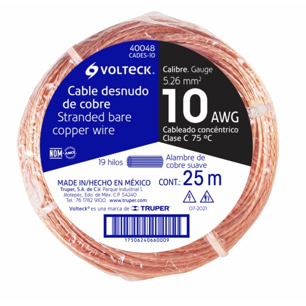 Metro de cable desnudo de cobre calibre 10 AWG, rollo 25 m - Ferretería ...